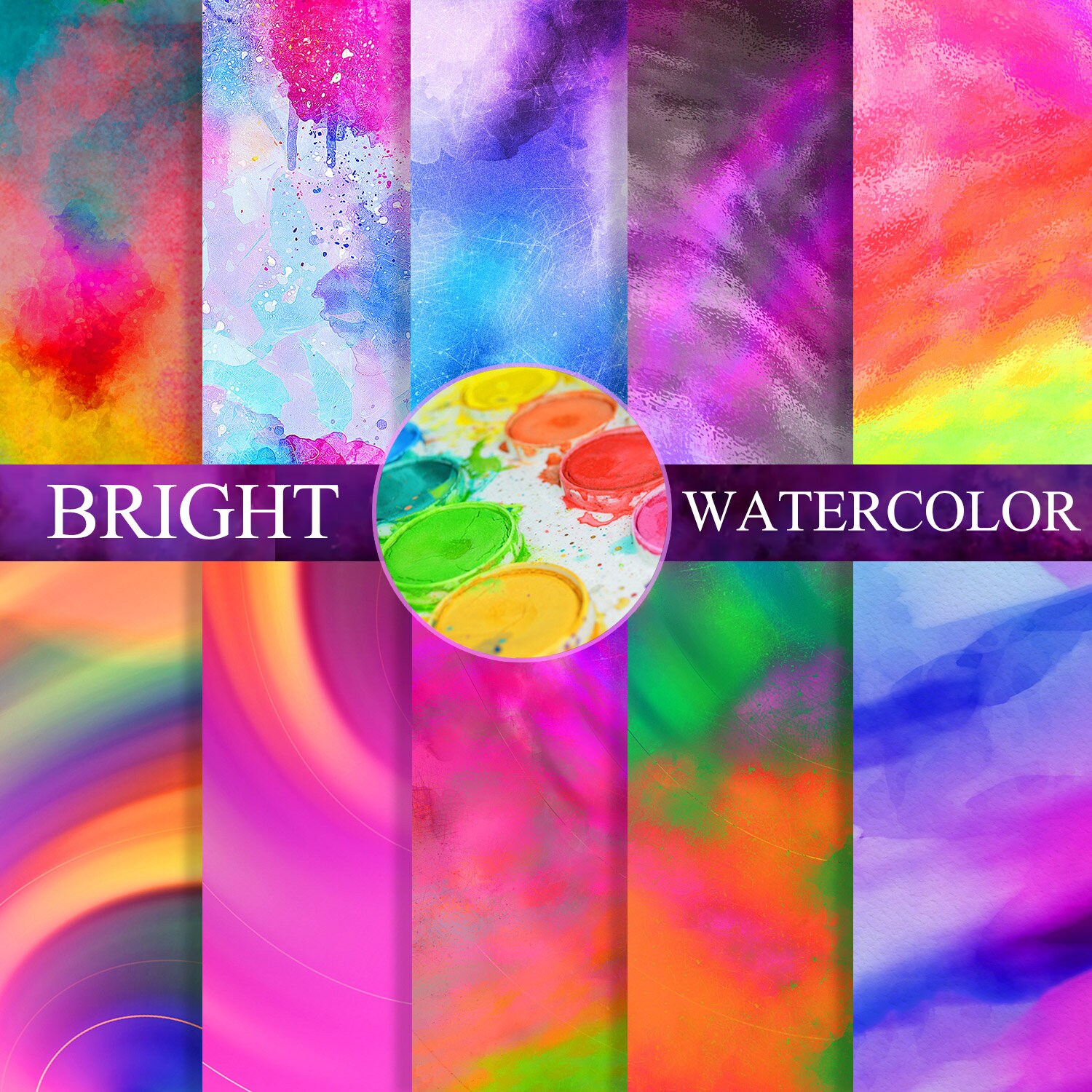 Watercolor Bright Digital Paper, BRIGHT Rainbow Digital Background ...