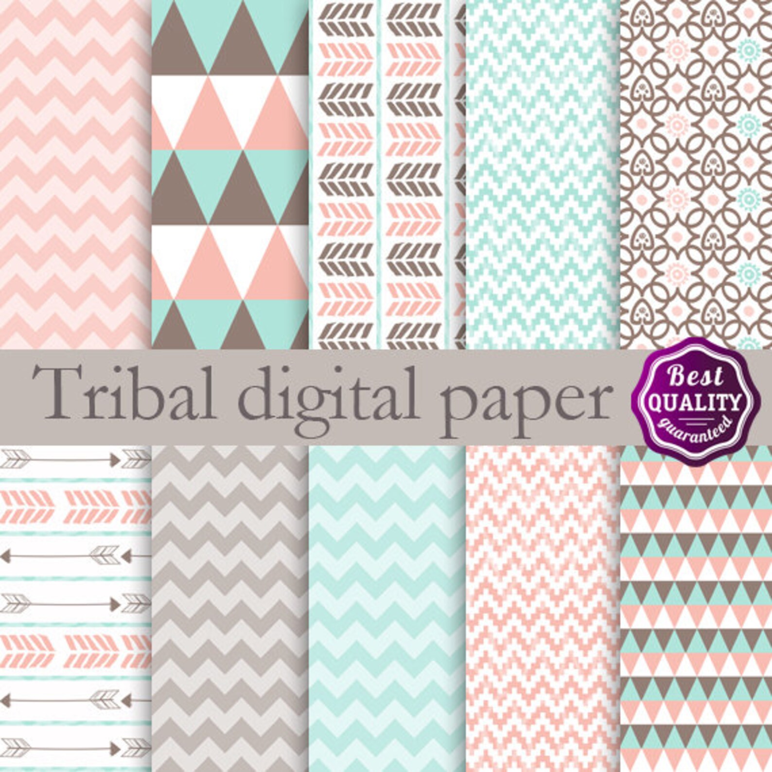 Tribal Digital Paper: tribal PINK MINT and Brown Tribal Scrapbook ...