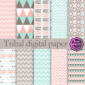 Tribal Digital Paper: tribal PINK MINT and Brown Tribal Scrapbook ...