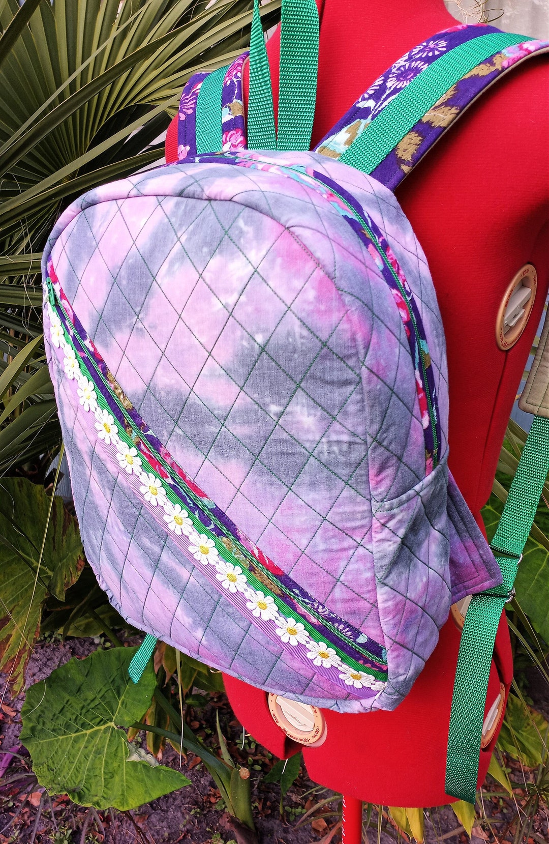 Purple Tie-dyed Backpack: Handmade Quilted Bag With Daisy Trim - Etsy