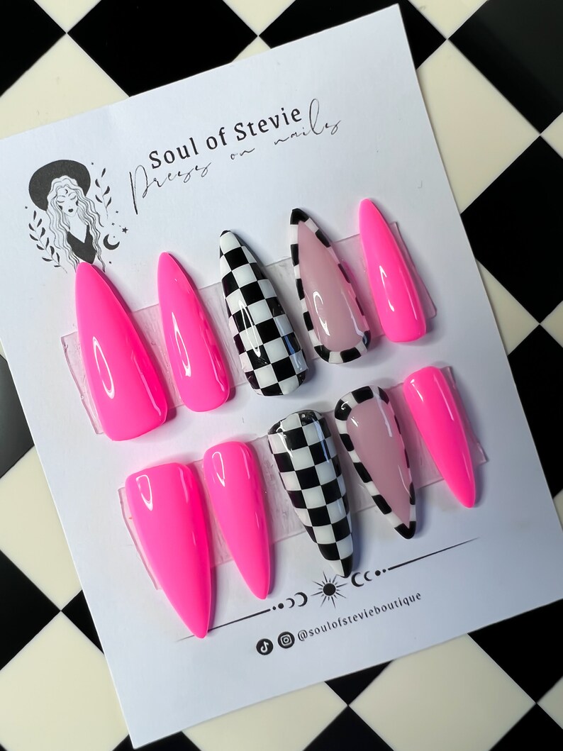 CHECK ME OUT Hot Barbie Pink Checkerboard Long Stiletto Nails Alt Style ...