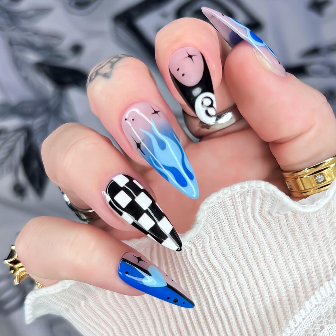 I'm on Fire Rock N Roll Press on Nails | Blue Black White, Checkerboard ...