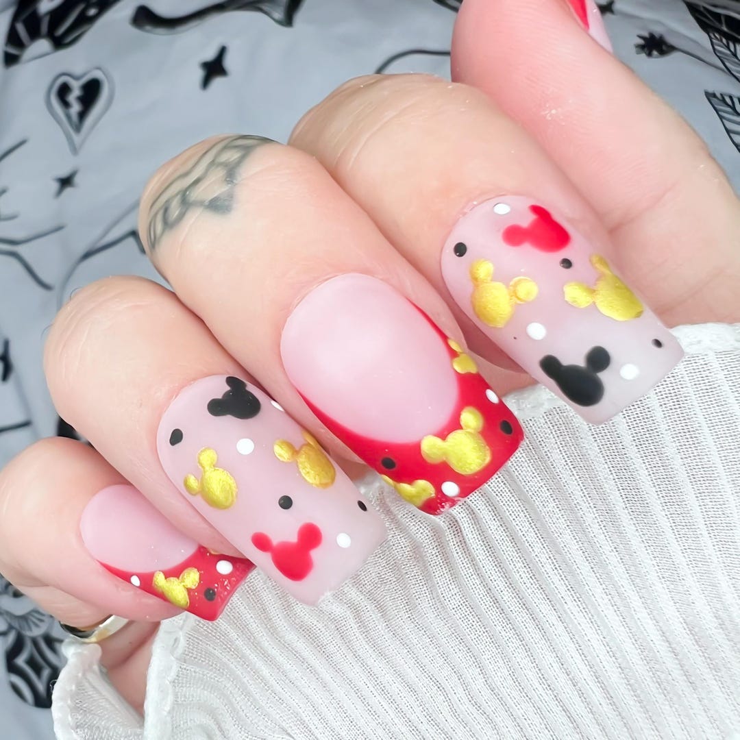 HEY MICKEY Press on Nails, Disney, Mickey Mouse, French Manicure, Red, Black, Gold | Goth False ...