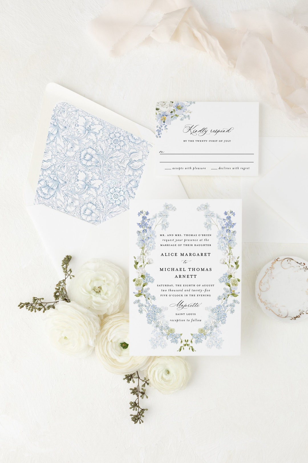 Blue Floral Frame Wedding Invitation Sample / Wedding Invitation Suite ...