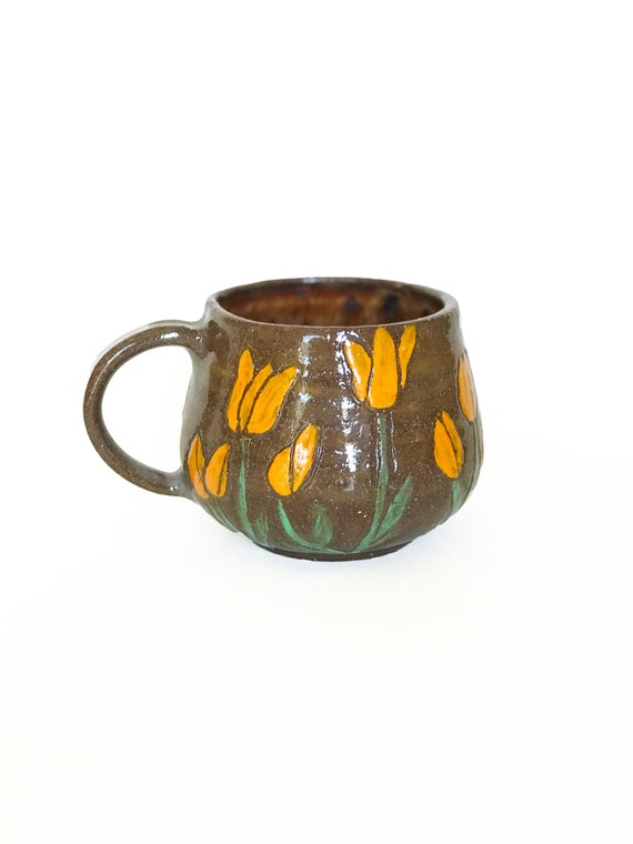Ceramic Coffee Mug Orange Flowers Handmade Stoneware Mug - Etsy