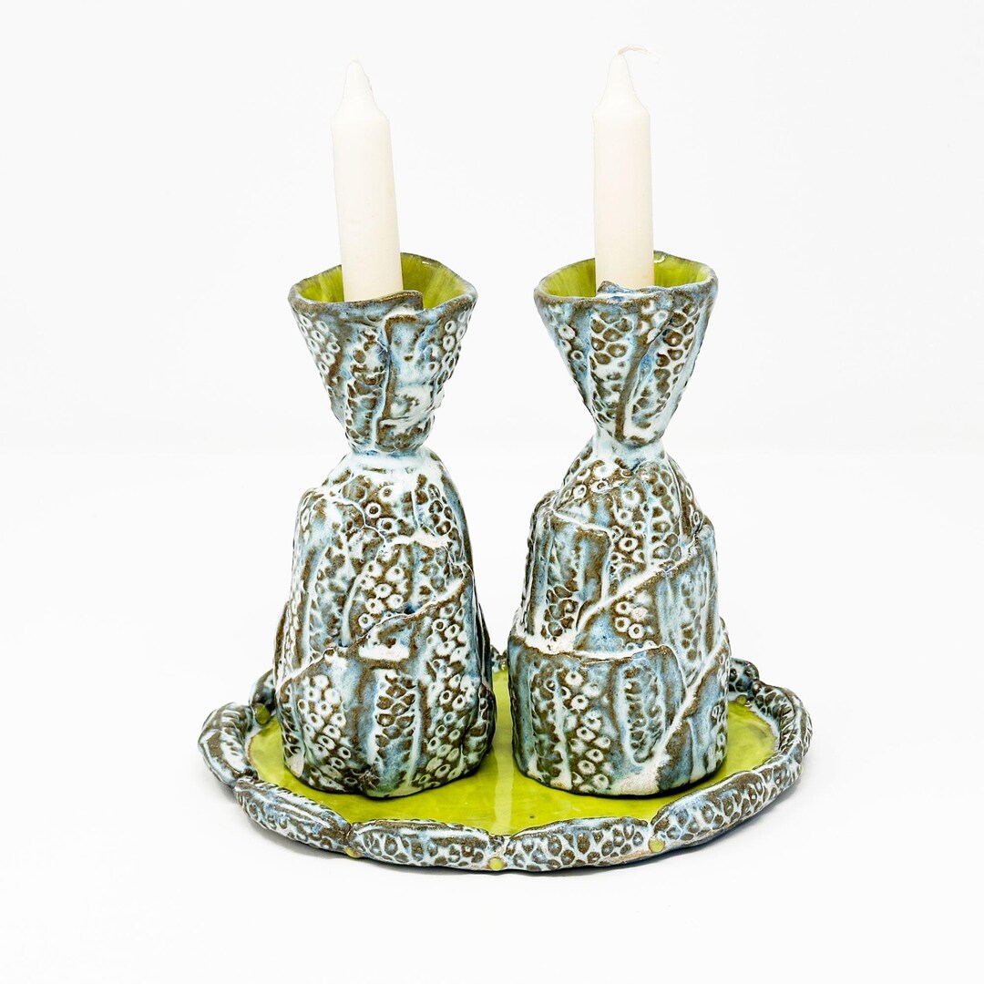Handmade Ceramic Shabbat Set: Matching Candlestick Holders, Plate, and ...