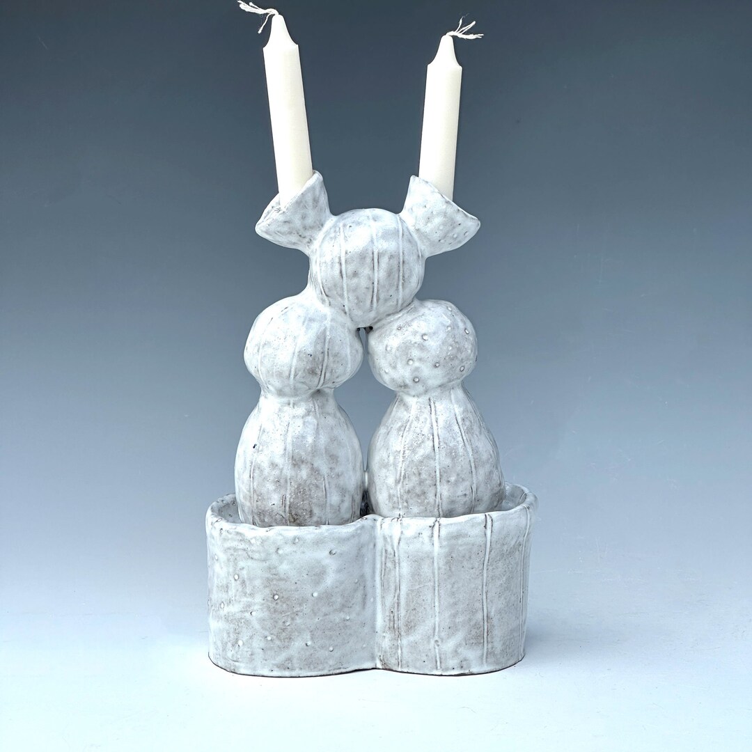 White Shabbat Candle Holder Set W/ Kiddush Cup, Unique, Handmade ...