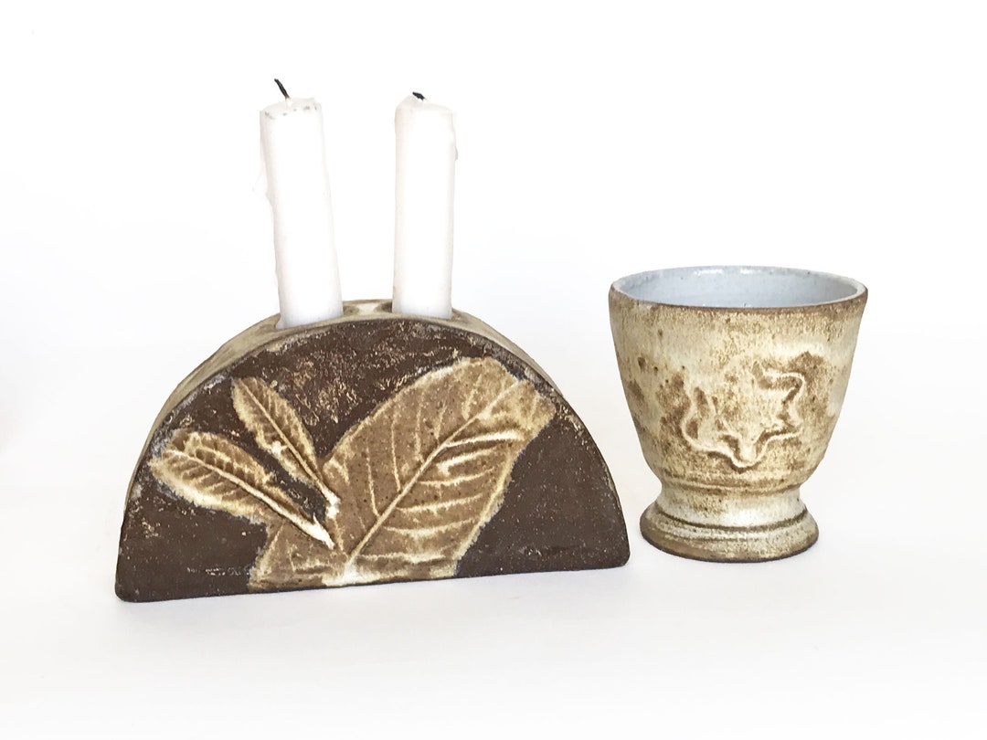 Handmade Ceramic Shabbat Candlestick Holder & Kiddush Cup Set: Loquat ...