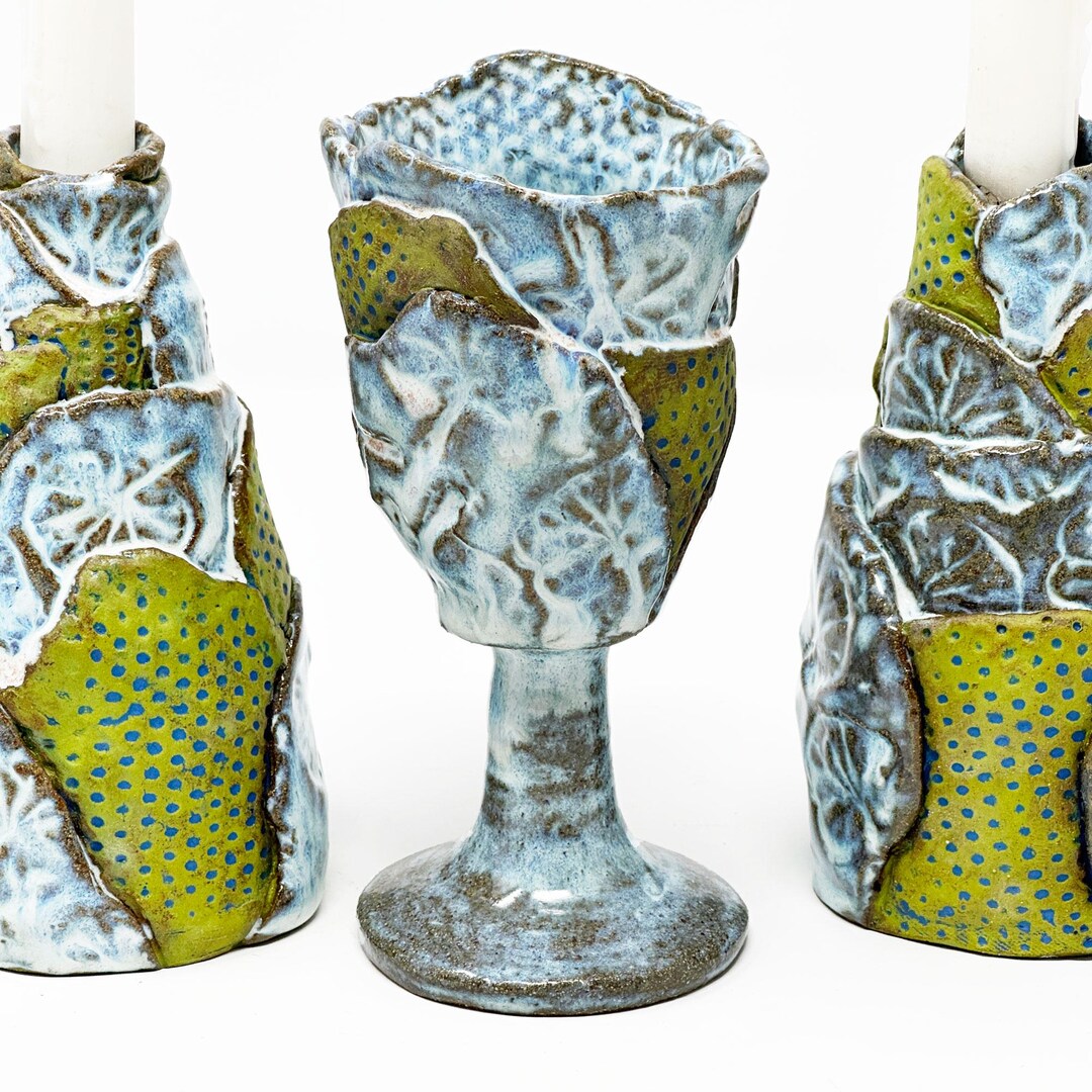 Handmade Ceramic Shabbat Set: Leaf Candlesticks & Kiddush Cup - Etsy