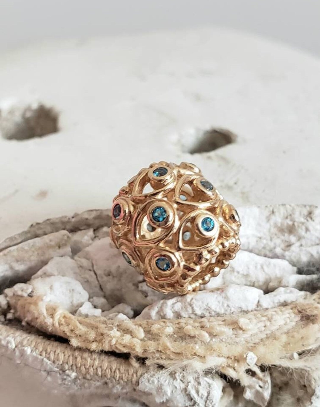 Authentic Pandora Ocean Treasures 14k Gold Blue Topaz Openwork Charm ...