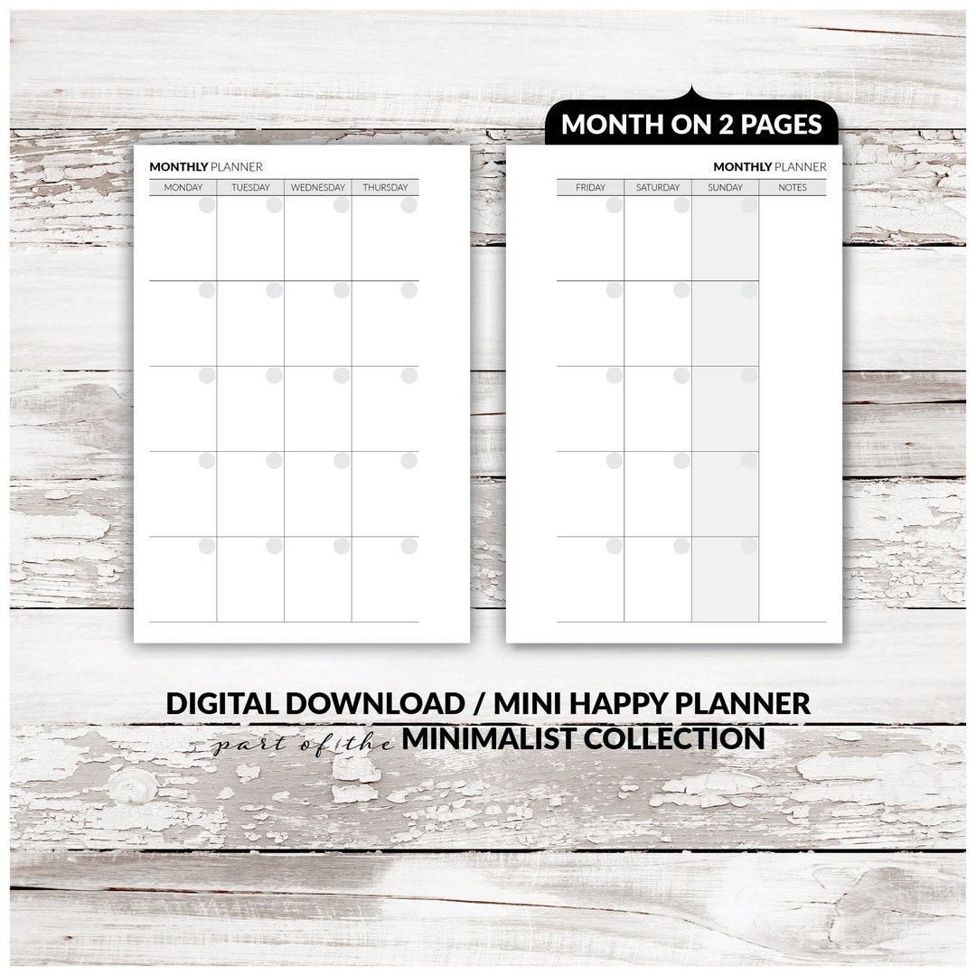 Mini HP Monthly, Mini Happy Planner, Monthly Calendar, Month on 2 Pages ...