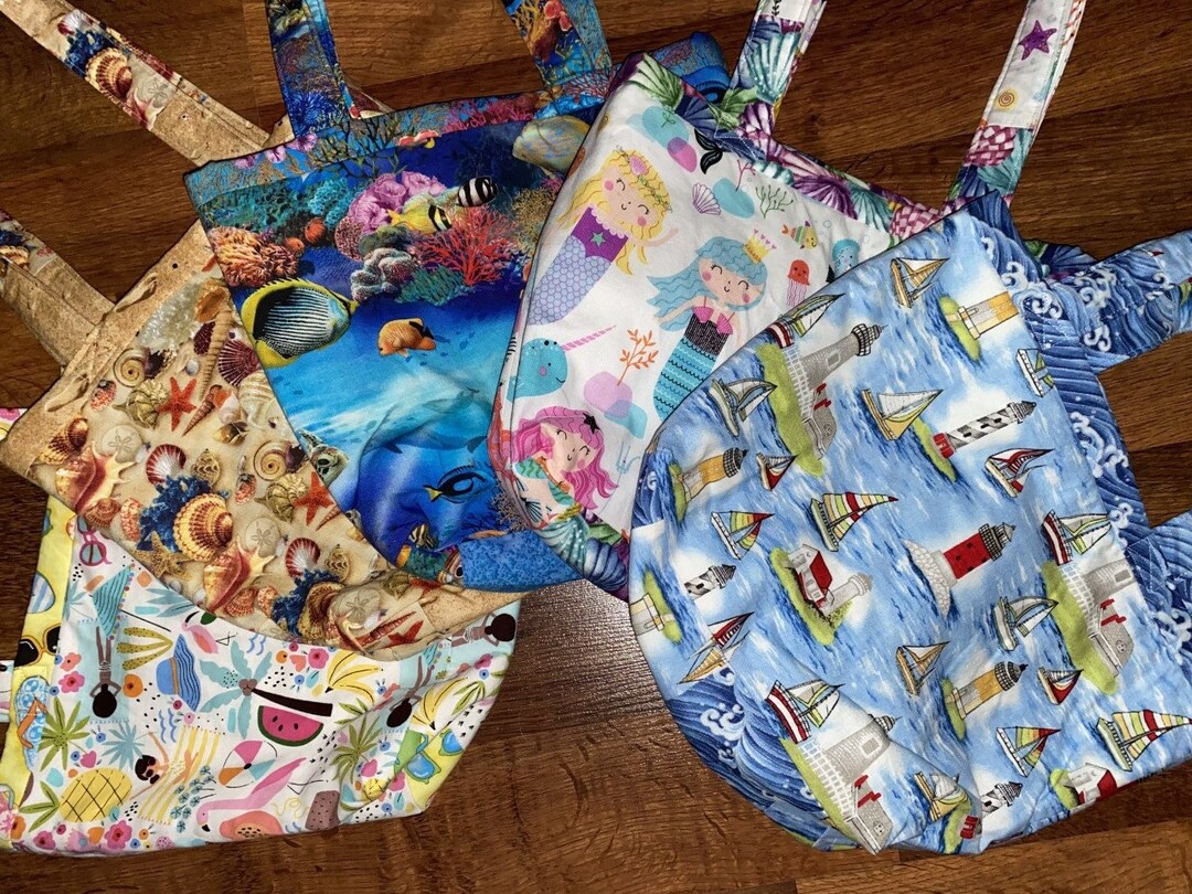 Seaside Themed Pocket Tote Bags. Durable and Lined. Mermaids, Seashells ...