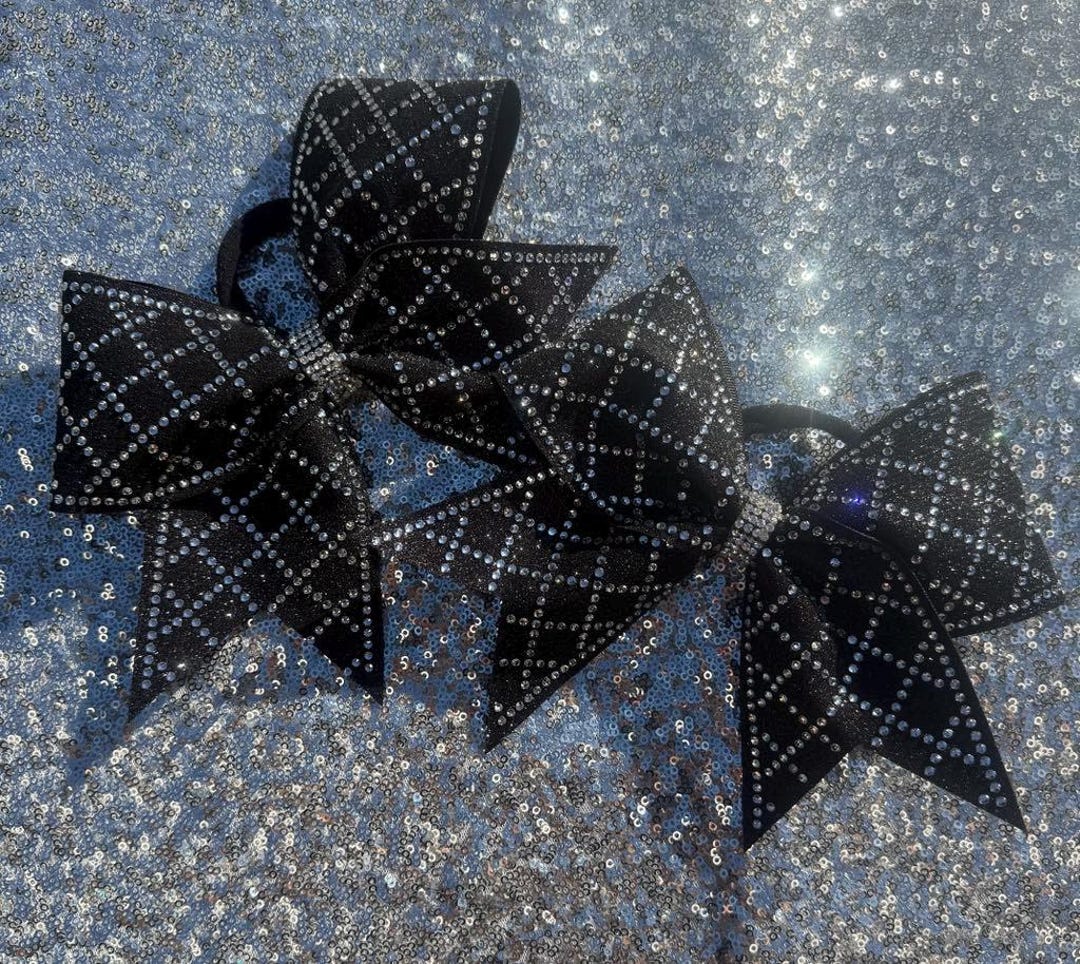 Black Glitter Cheer Bow With Crystal Rhinestones in a Triangle Patter ...