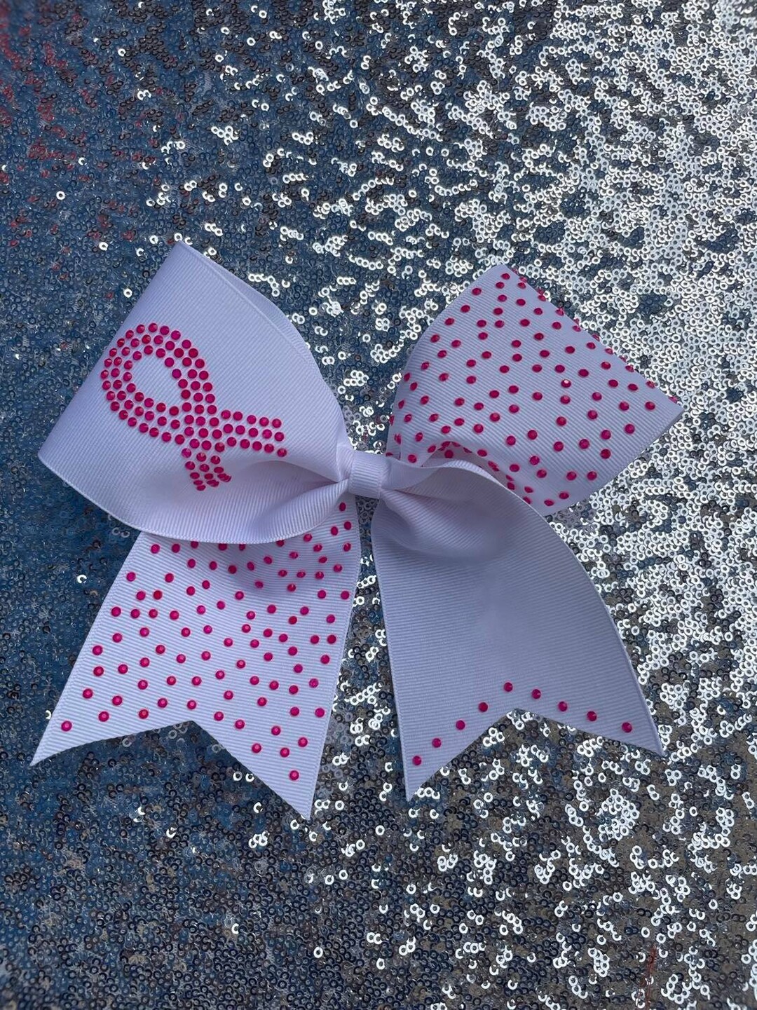 White Bow With Neon Pink Stones, Breast Cancer Cheer Bow, Cheerleading ...