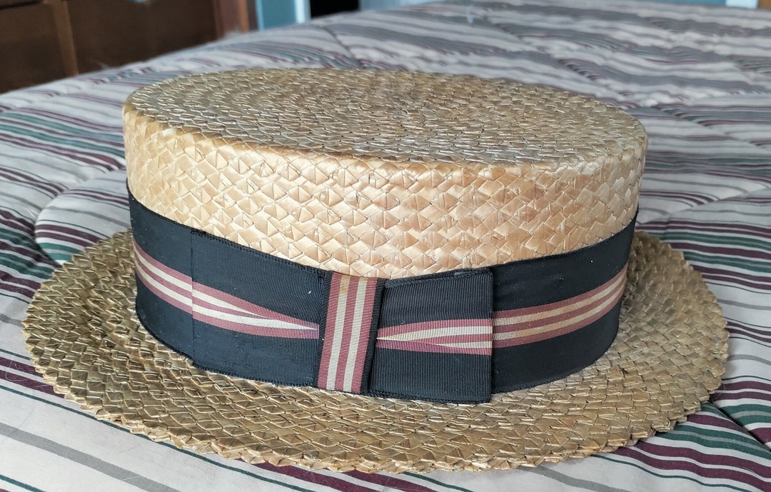 Men's Woven Straw Boater Hat With Ribbon, Original Circa Early 1900s ...
