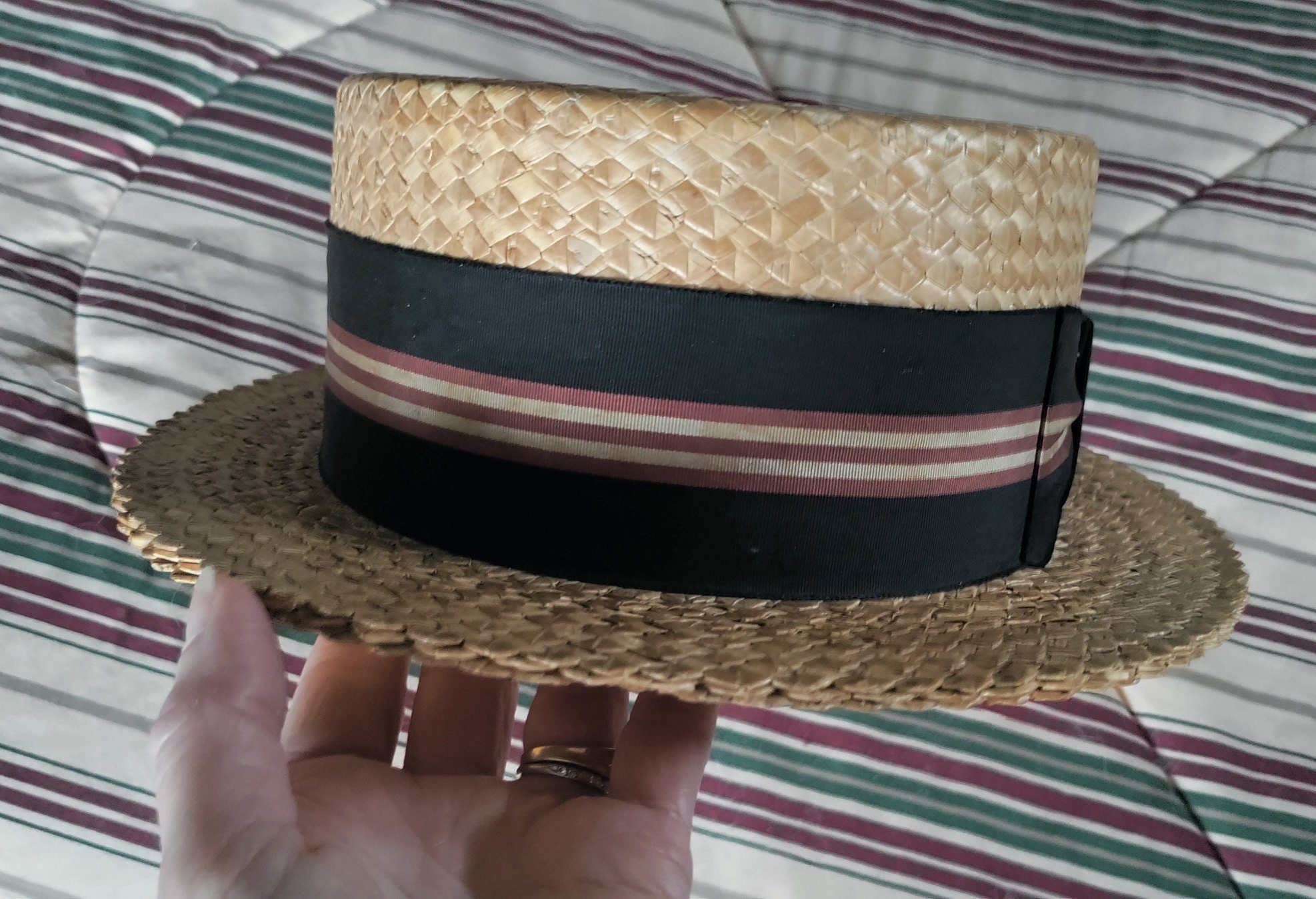 Men's Woven Straw Boater Hat With Ribbon, Original Circa Early 1900s ...