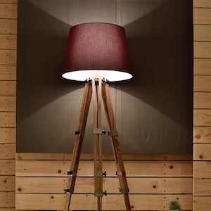 Wood Floor Lamp, Burgundy Interior Lamp, Industrial Lamp, Oak Tripod ...