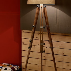 Wood Floor Lamp, Burgundy Interior Lamp, Industrial Lamp, Oak Tripod ...