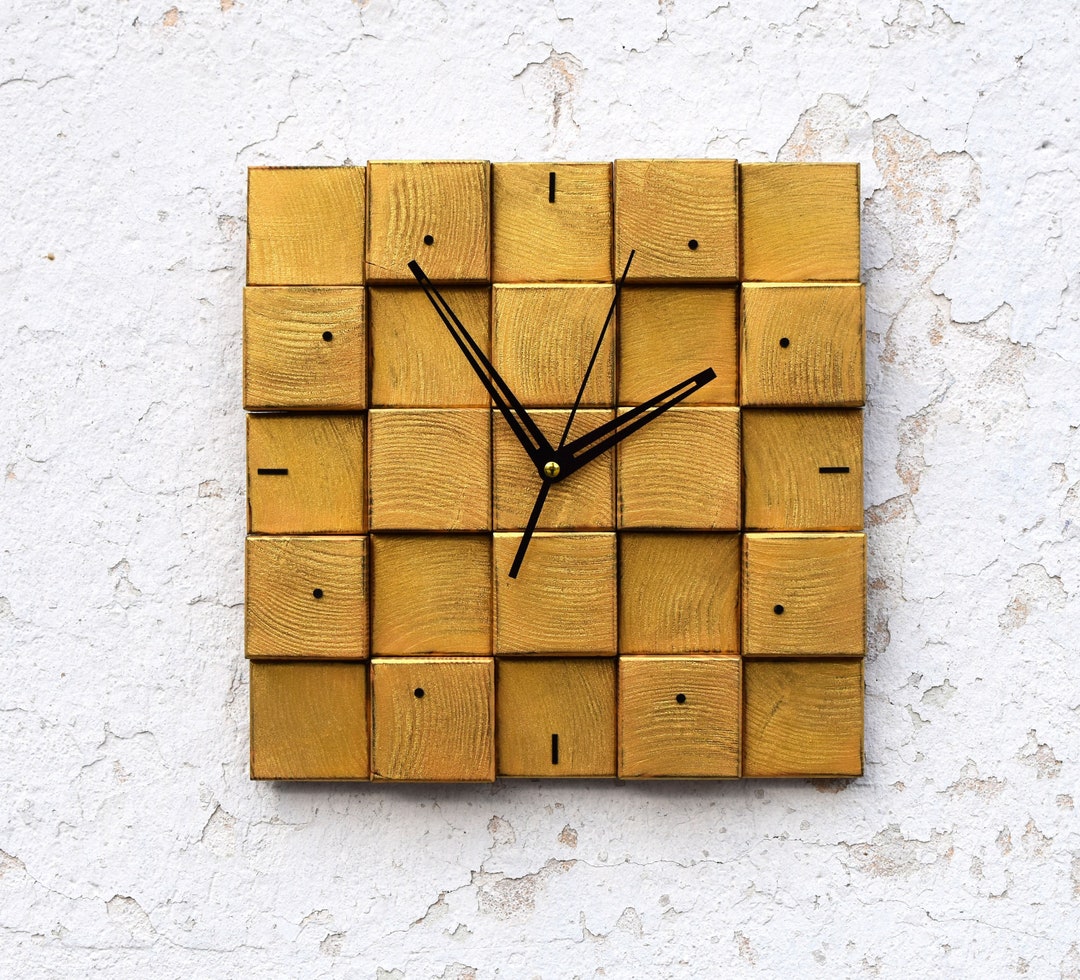 Wood Square Wall Clock, Home Gift, Gold Painted Wooden Wall Clock ...