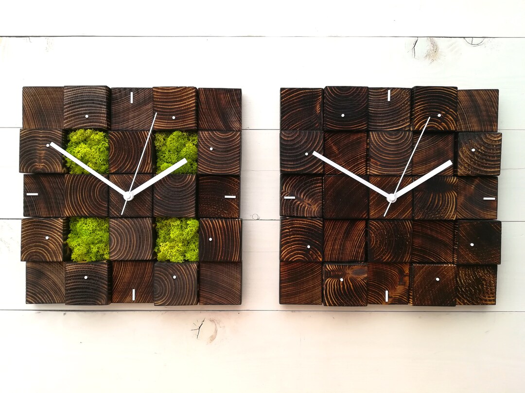Square Wooden Wall Clock With Moss: Biophilic Nordic Decor - Etsy