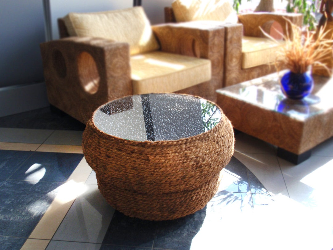 Recycled Tire Coffee Table: Woven Coconut Rope, Tempered Glass Top - Etsy
