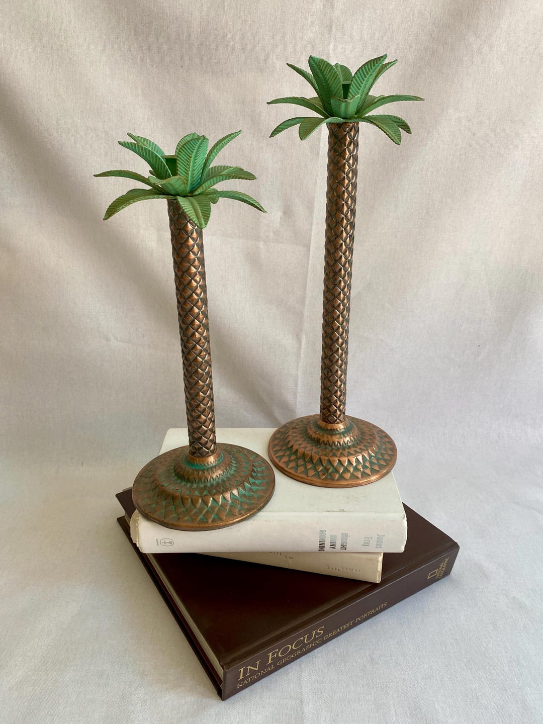 Stamped Copper Palm Tree Candlestick Holders // Verdigris Painted ...