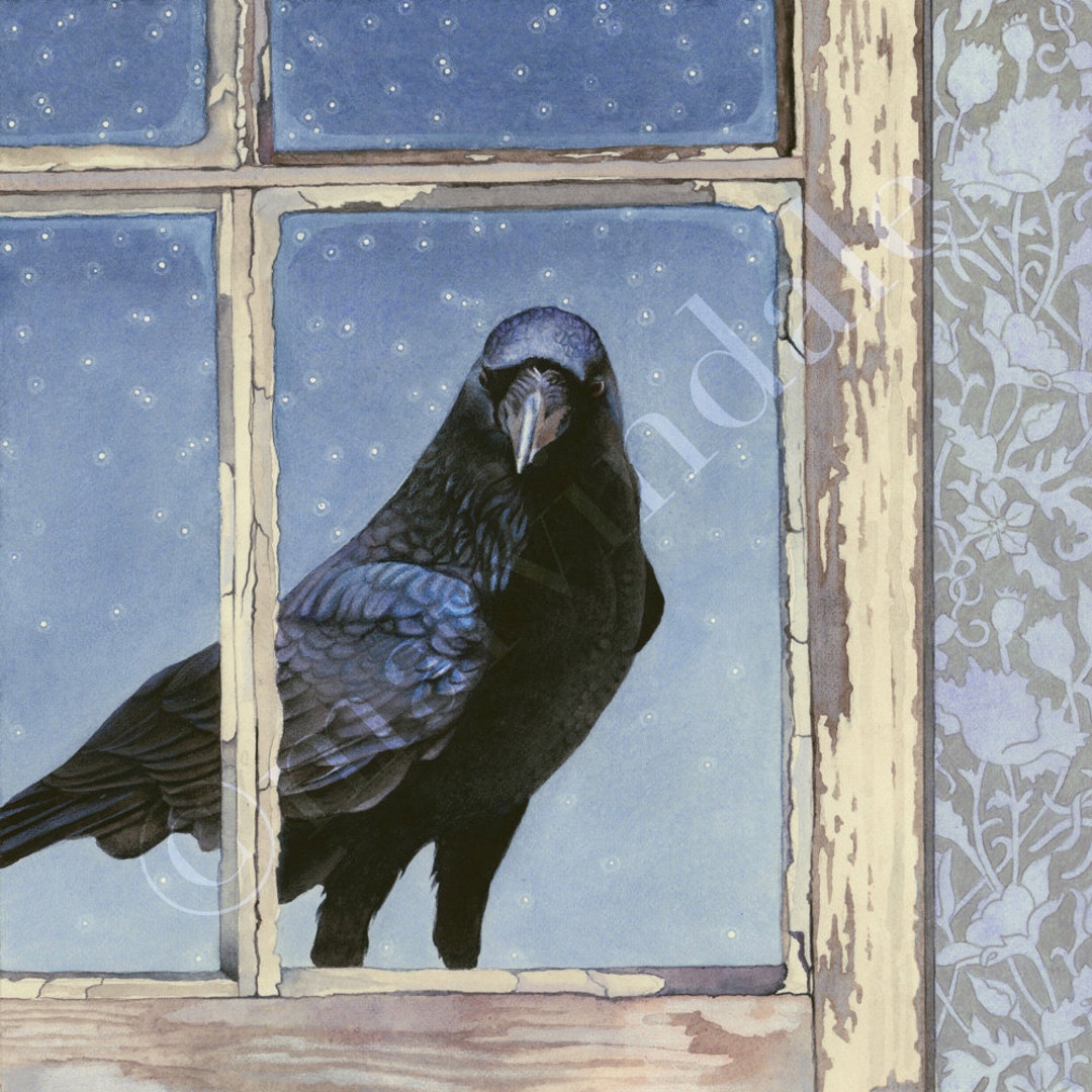 Crow at Dusk Framed Art Print: Moody Watercolor Window Scene - Etsy