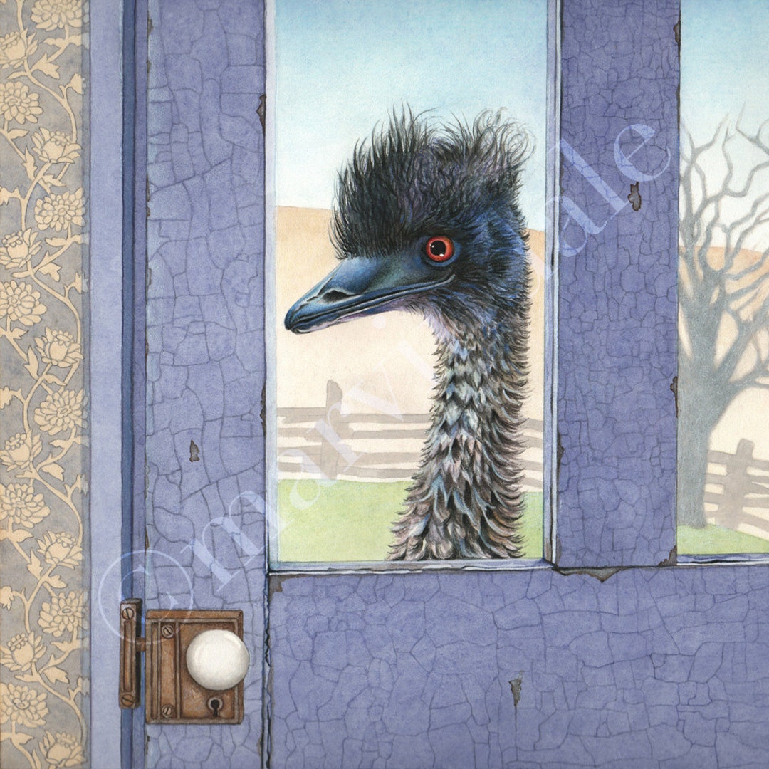 Emu at the Blue Door: Framed Watercolor Art Print - Etsy