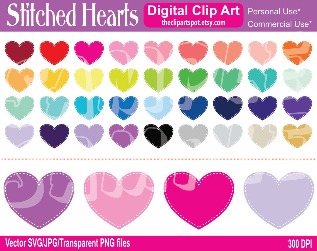 Valentines Day Hearts Clipart Set, Stitched Hearts, Vector Graphics ...