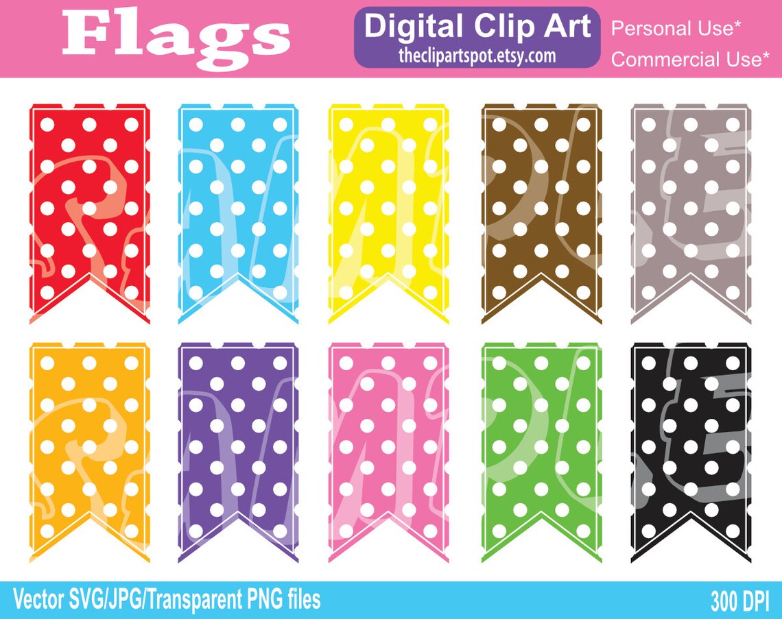 Flags Clipart Set, Polkadot Flags, Bunting, Vector Graphics, Commercial ...