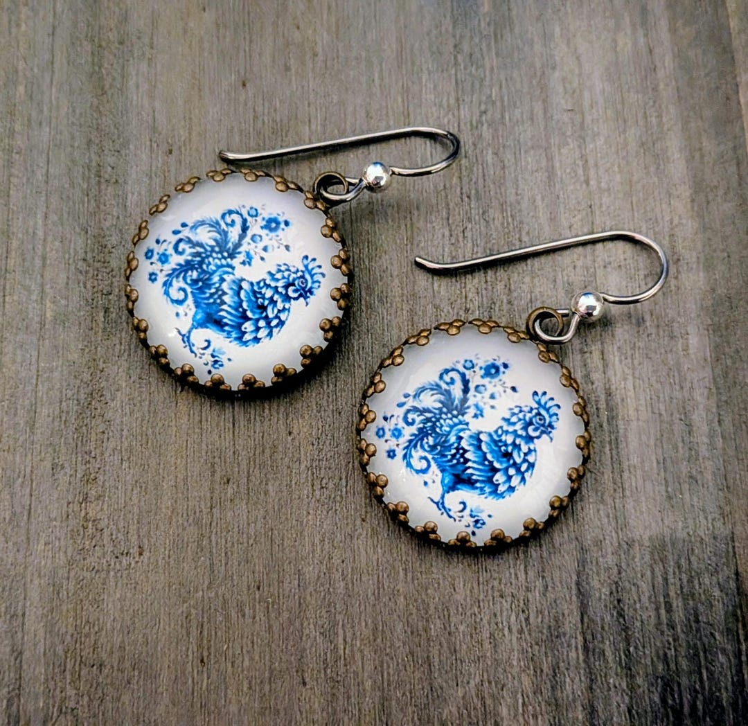 Delft Blue Rooster Earrings: Vintage Inspired Brass Bezel - Etsy