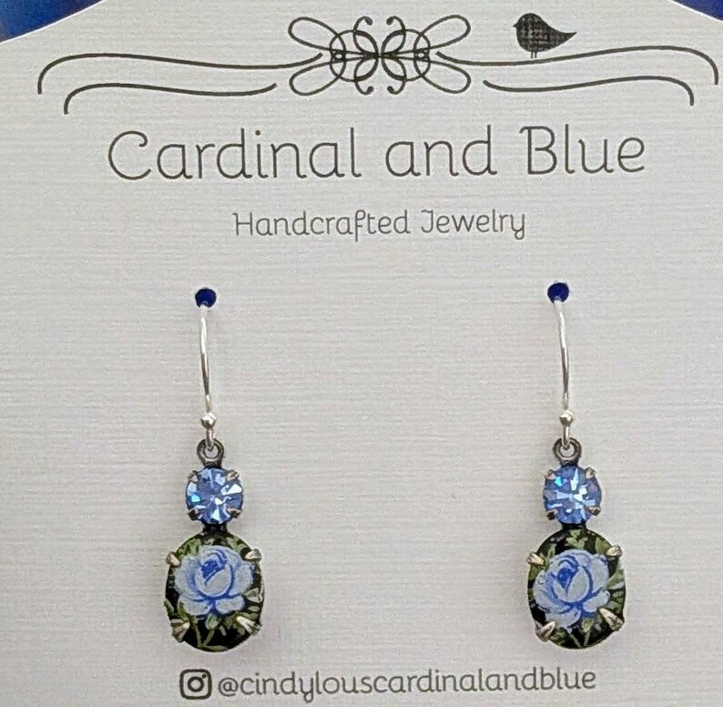 Vintage Blue Rose Limoges Cameo Earrings: Sterling Silver Bridal ...
