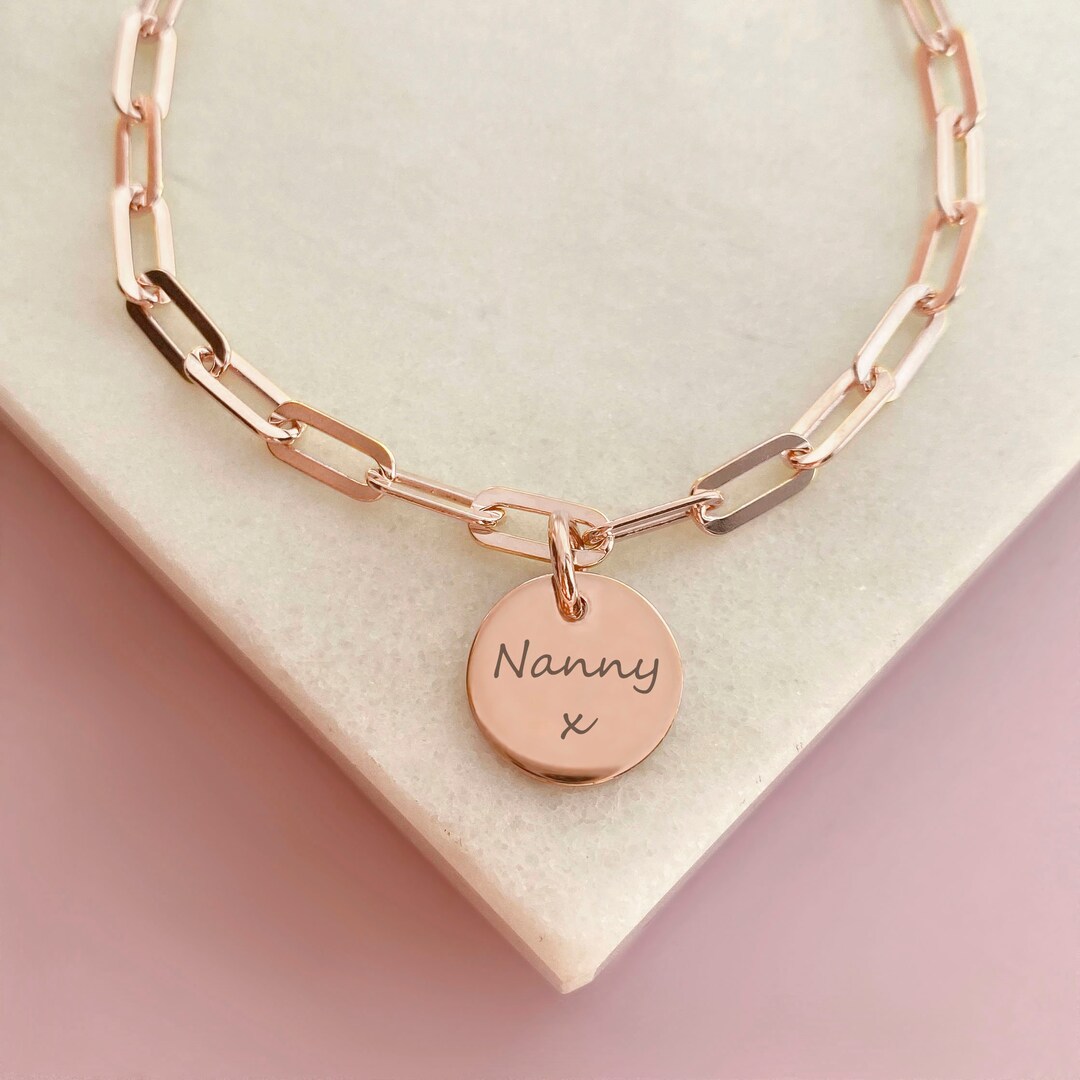 Rose Gold Vermeil Paper Clip Bracelet - With Engraved Rose Gold Disc ...