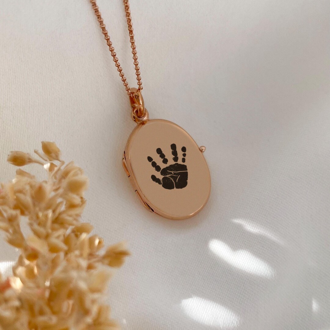 Rose Gold Vermeil Engraved Handprint Oval Locket Necklace - Etsy UK