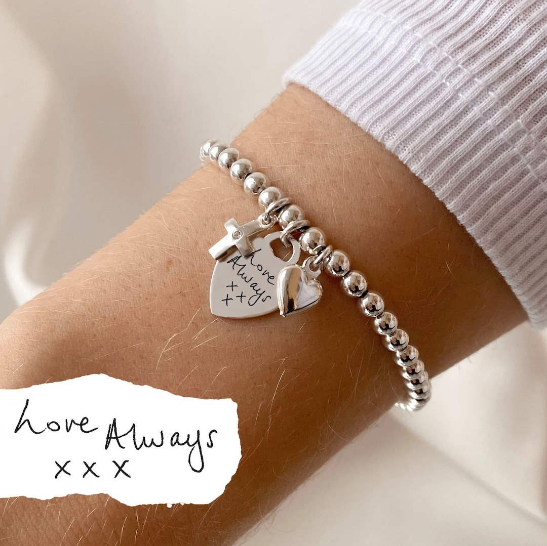Sterling Silver Handwriting Memorial Clasp Bracelet - With CZ Crucifix ...