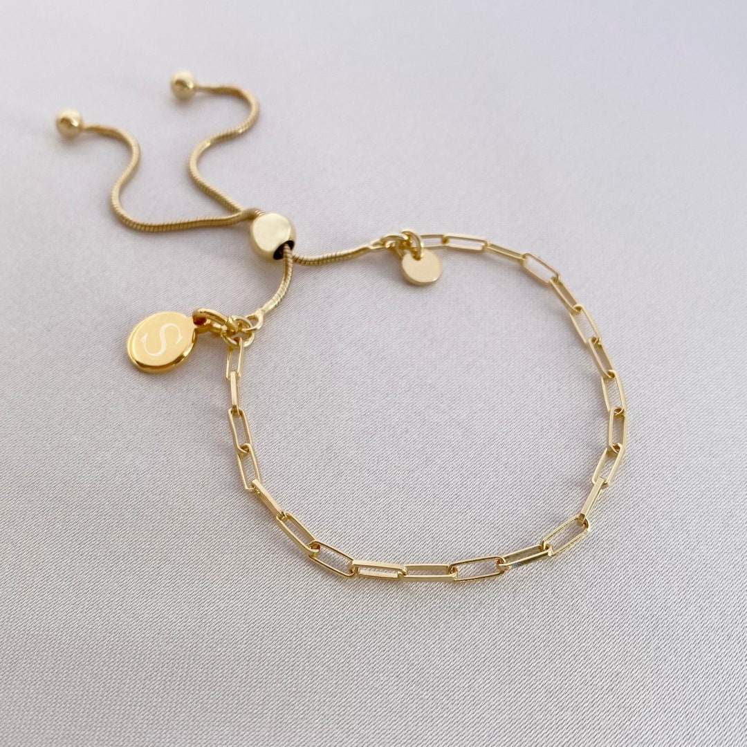 Yellow Gold Vermeil Paper Clip Slider Bracelet Yellow Gold Initial Disc ...