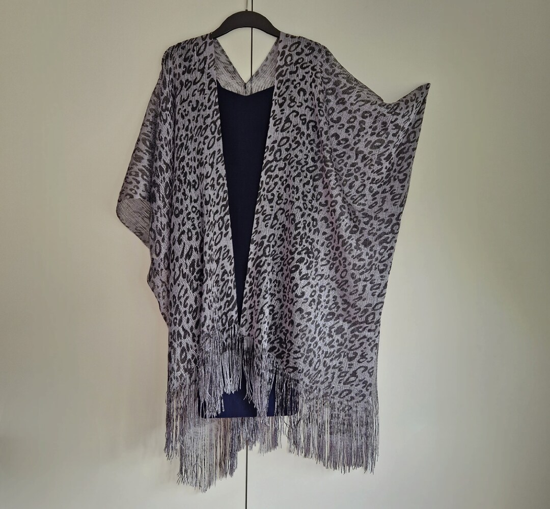 Silver Grey Snow Leopard Print With Fringe Kimono Cardigan, Jacket ...