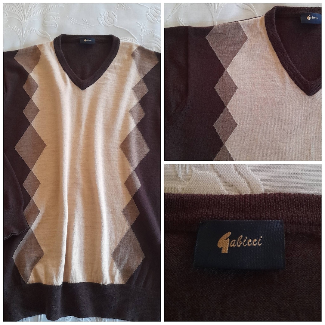 Gabicci Mens Jumper, Vintage V-neck Sweater, Diamond Pattern Jumper ...