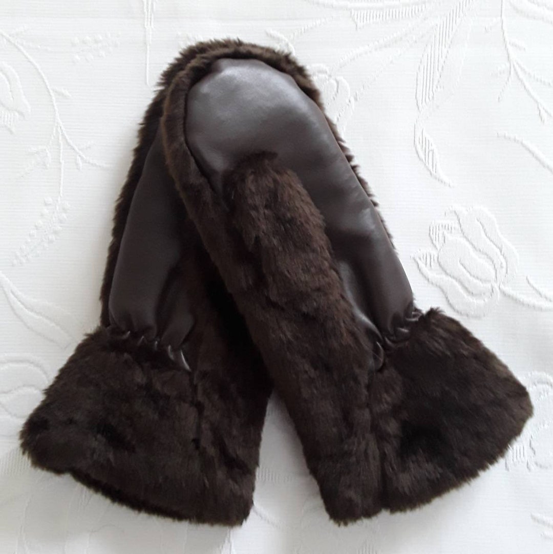 Faux Fur Brown Mitts, 1970s Vintage Mock Fur and Vinyl Gloves, Brown ...