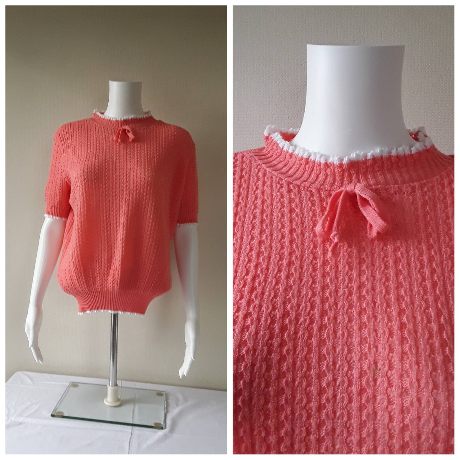 Vintage Jumper 1970s Coral Pink Short Sleeved Jumper Textured | Etsy