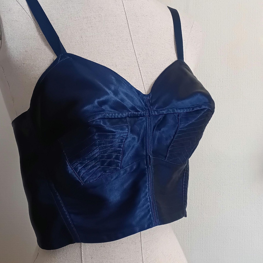 French Longline Bra, C1960s Blue Satin Brassière, Hook and Eye ...