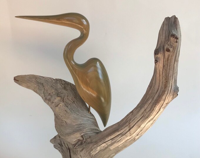 GEORGE EDENFIELD Wood Carving of Heron on Driftwood, Signed Wood ...