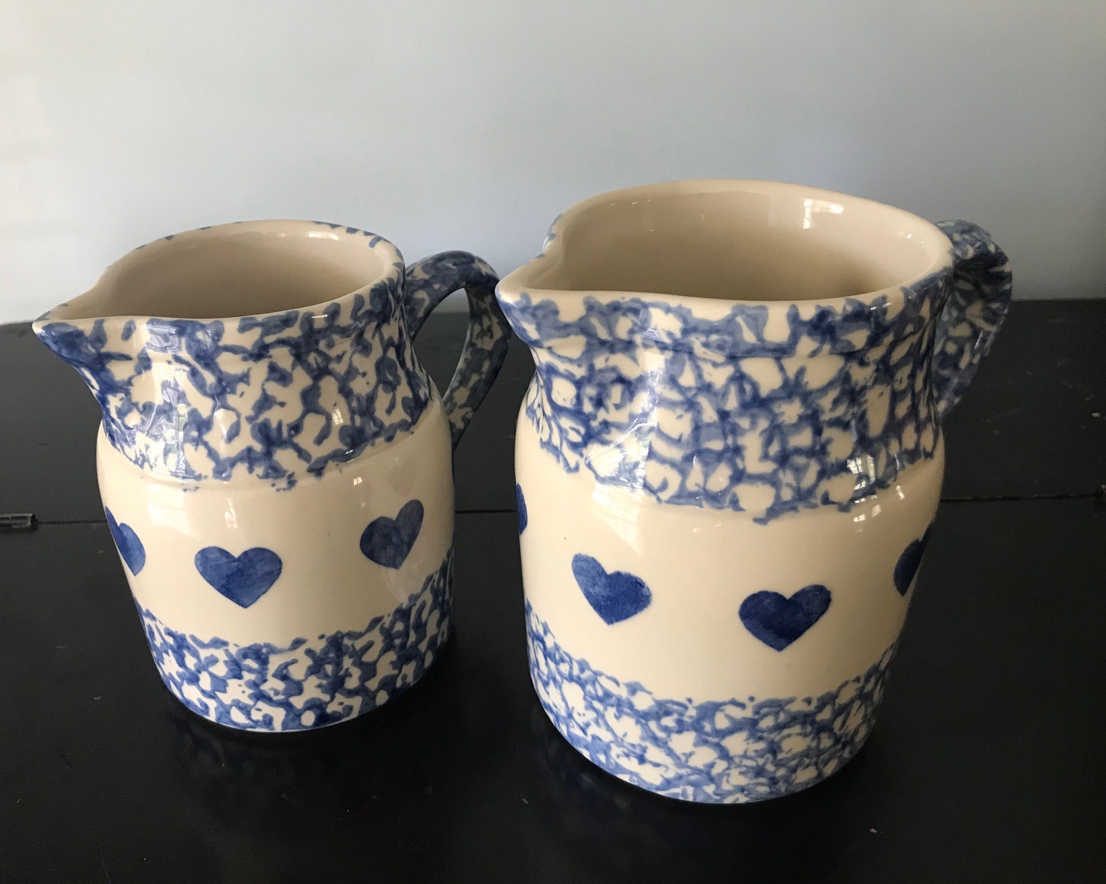 Blue Sponge Ware Creamer Pitcher, Two Small Pitchers With Hearts ...