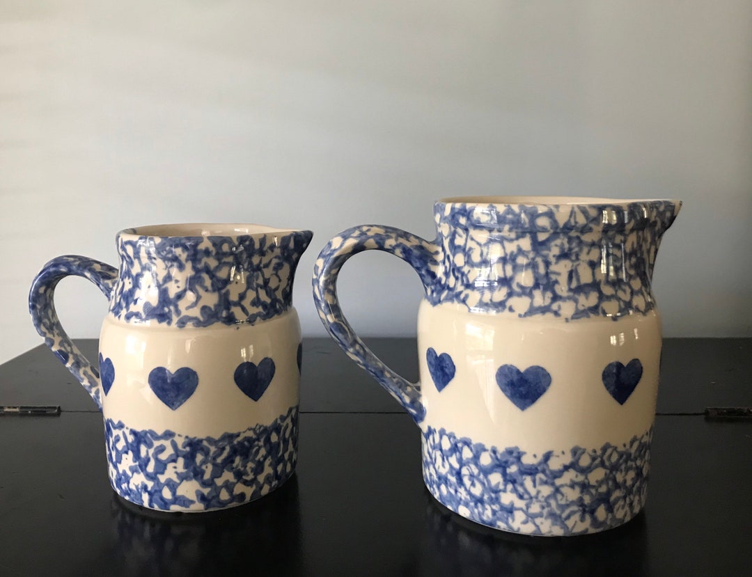Blue Sponge Ware Creamer Pitcher, Two Small Pitchers With Hearts ...