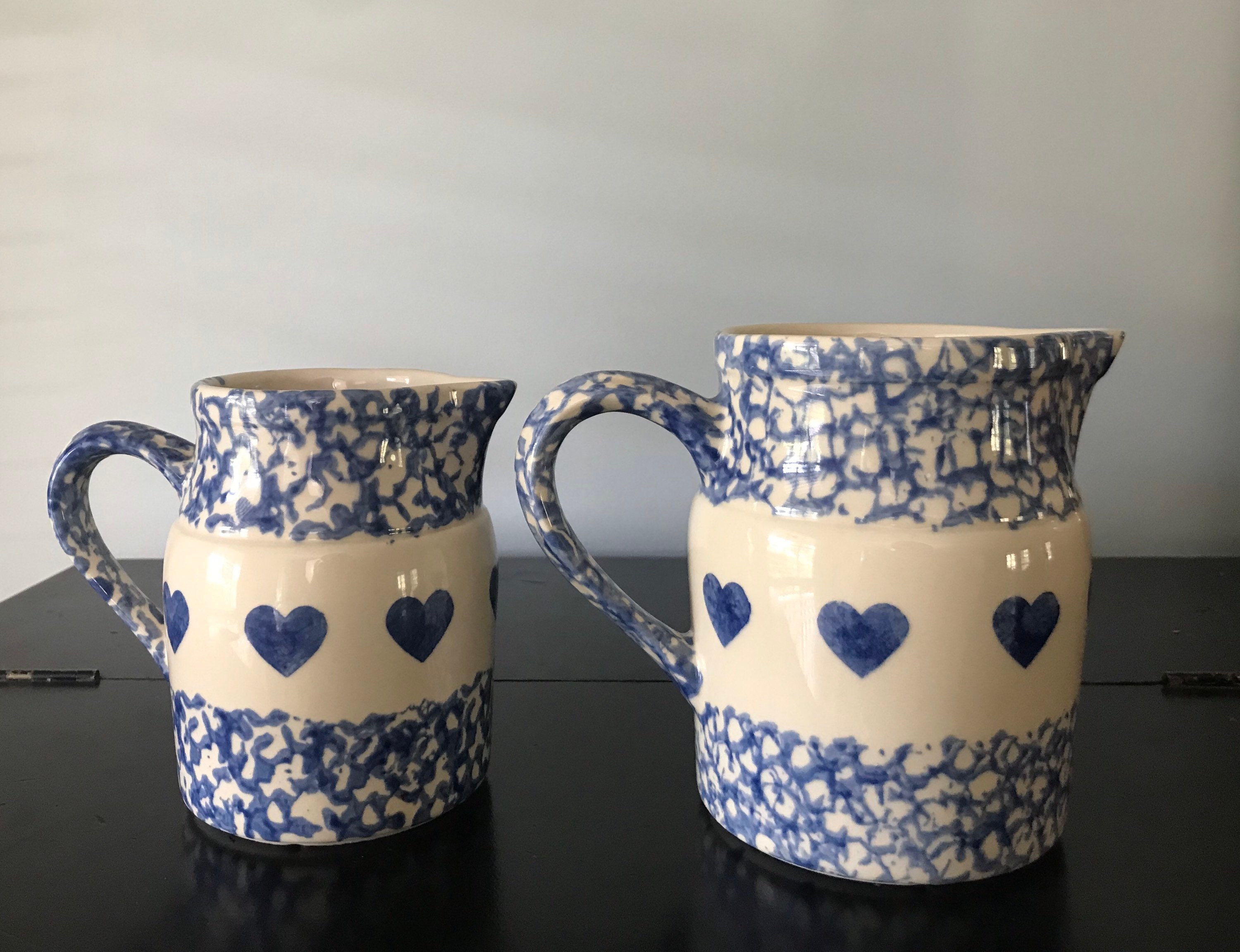 Blue Sponge Ware Creamer Pitcher, Two Small Pitchers With Hearts ...