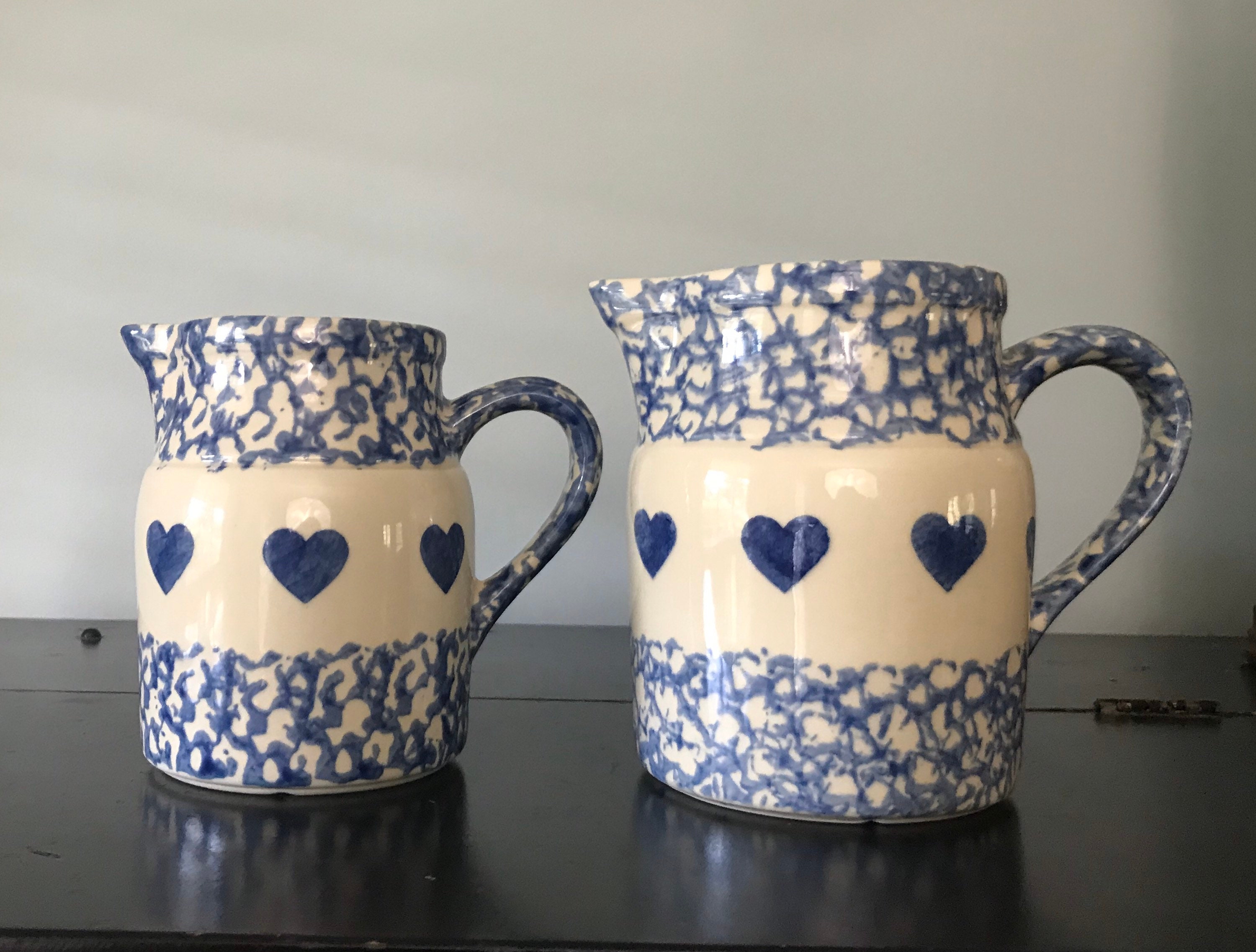 Blue Sponge Ware Creamer Pitcher, Two Small Pitchers With Hearts ...