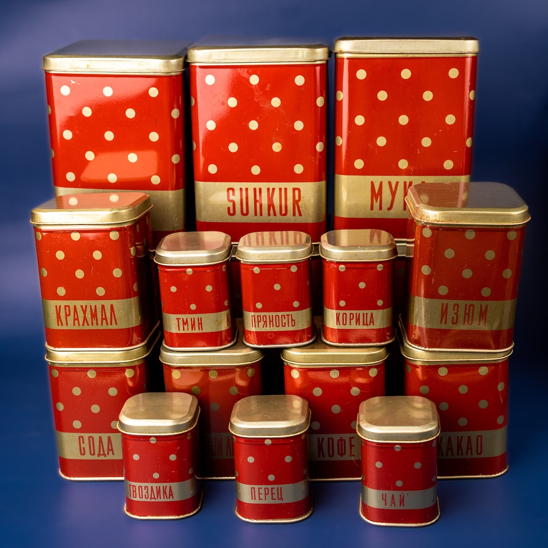 Storage Organization Metal Canister Set for Kitchen Red Polka Dot Tin ...