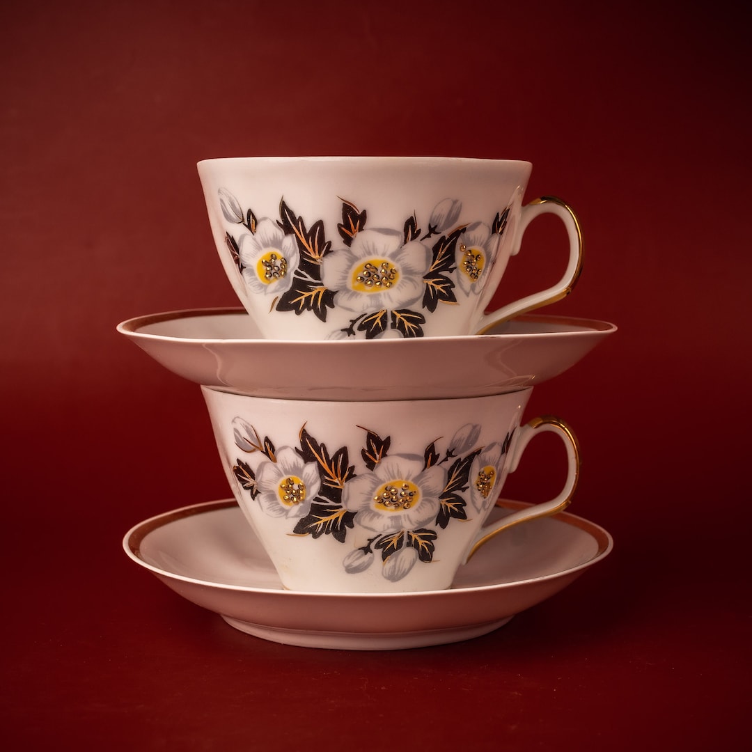 Vintage Thin Porcelain Coffee Cups and Saucers Iridescent White Blue ...