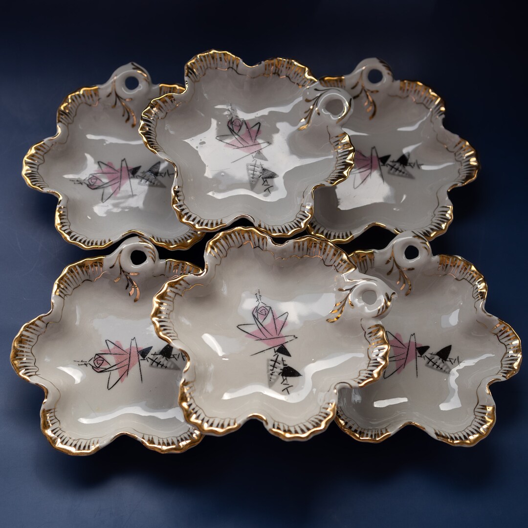 6x Jam Server Set Mini Bowls With Rose Flower Fine Art Ceramics Trinket ...