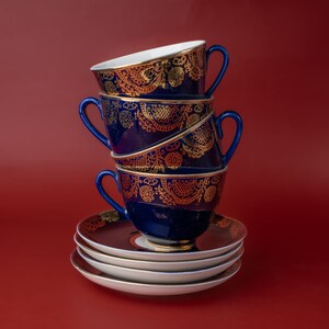 Cobalt Blue Tea Cup and Saucer Set Lomonosov Porcelain Cappuccino Mug ...